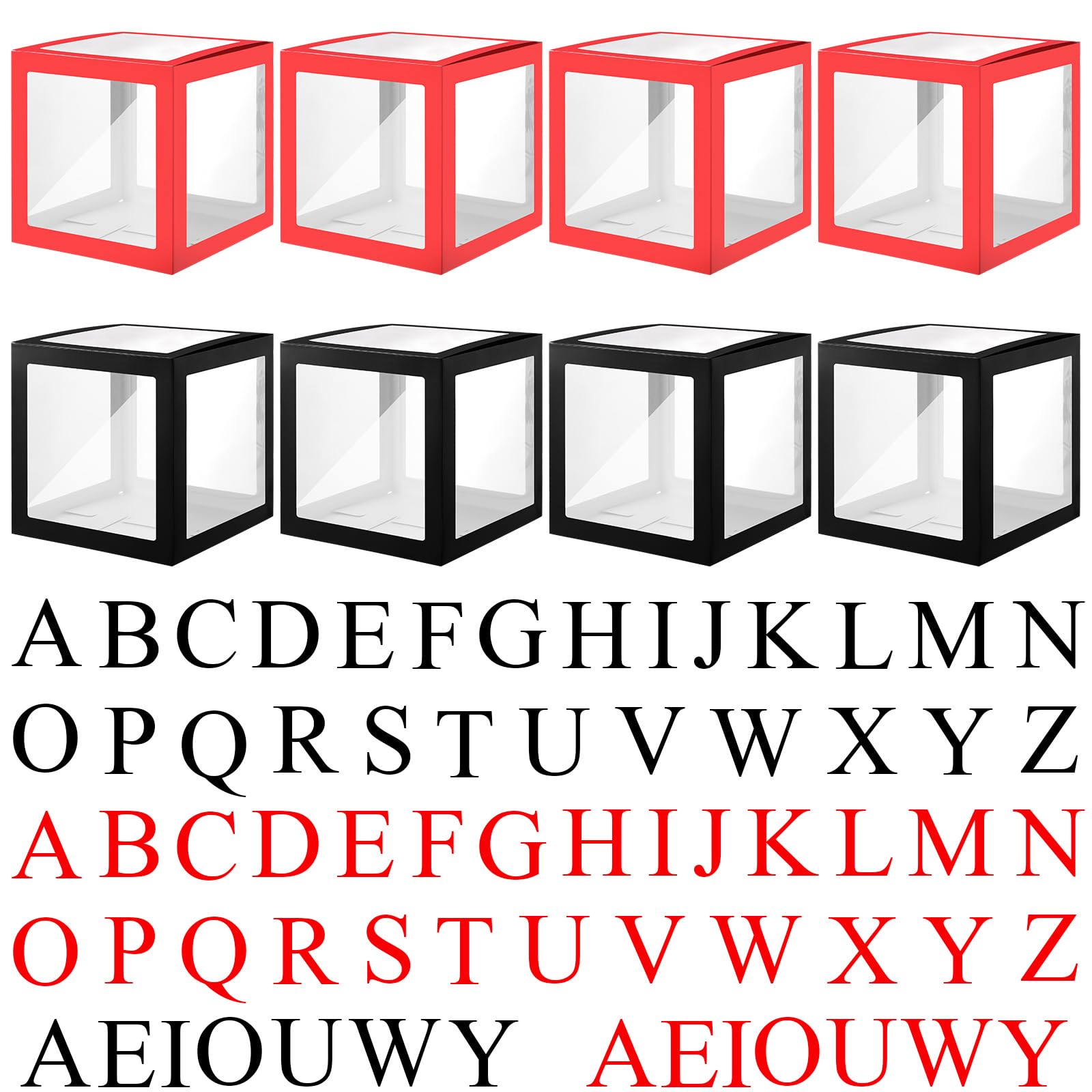 Barydat 8 Pcs Transparent Balloon Boxes Red and Black Clear Balloon Boxes with 66 Letters for Baby Shower Gender Reveal Grad Birthday Party Bridal Wedding Anniversary Backdrop Decoration