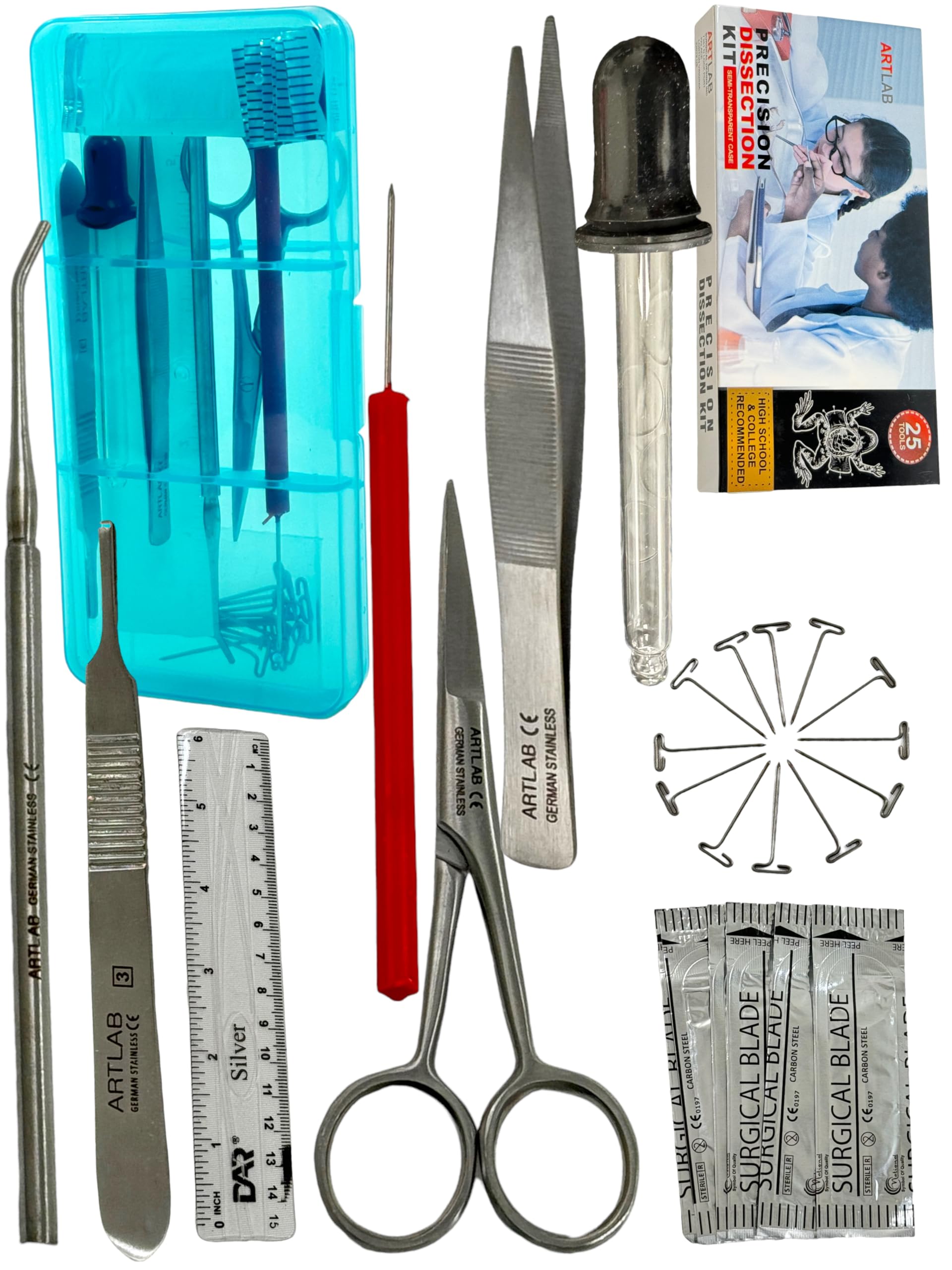 ArTLaB Premium -Precision Dissecting Dissection Kit 25 Piece Biology Dissecting Kit -Stainless Steel Instruments Scalpel handle Blades & T-Pins Biology Students & Faculty Autoclavable Transparent Case