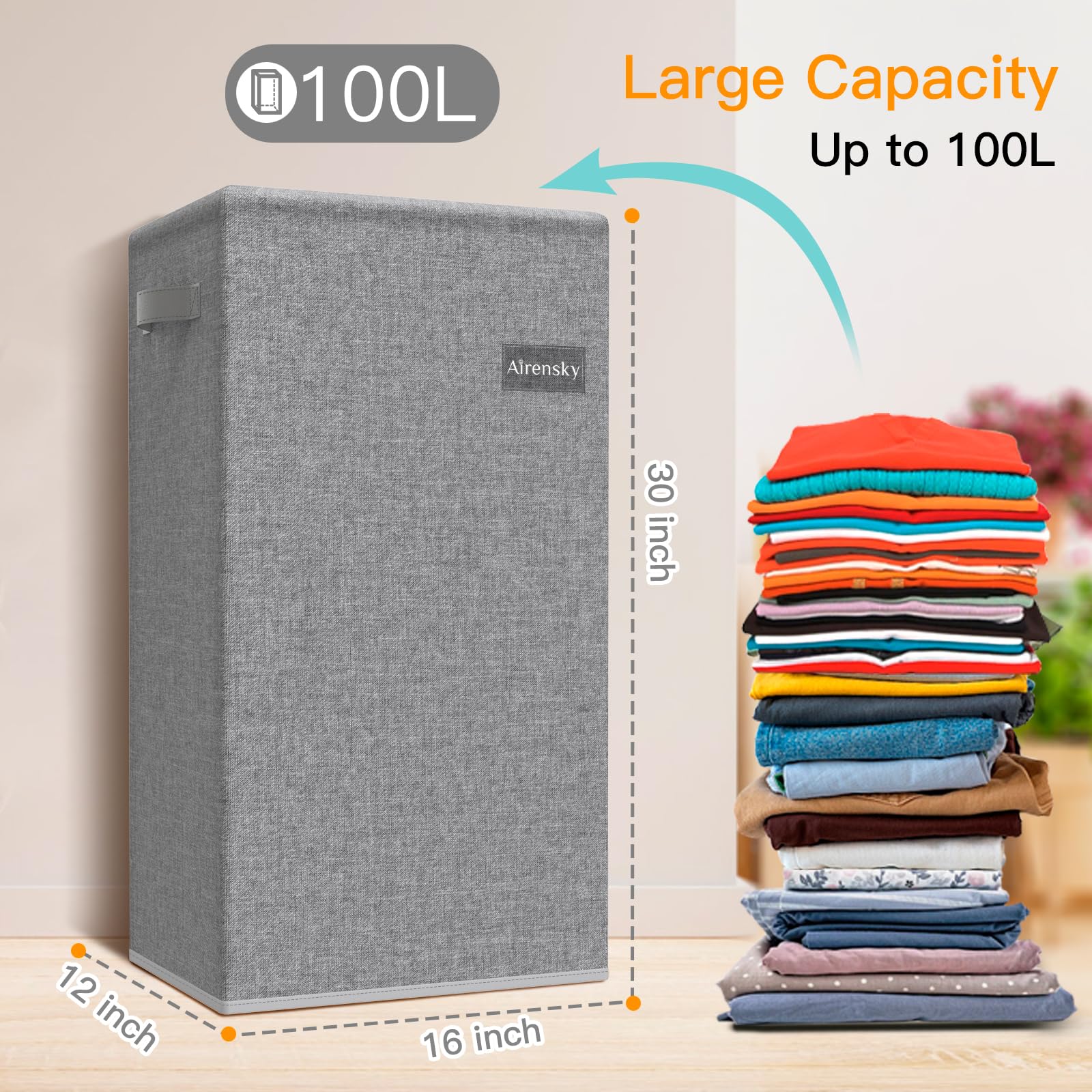 Airensky Double Laundry Hamper Collapsible Laundry Basket，145L Clothes Hamper 2 Section with Bag Removable for Clothes and Toys Storage, Dirty Hampers for Bedroom, Bathroom, Dorm，Gray