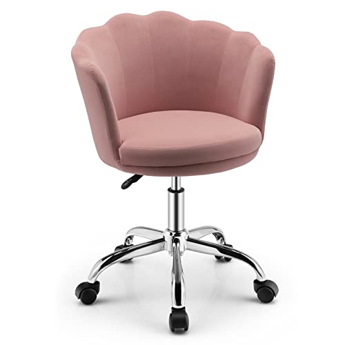 Giantex Kids Desk Chair, Comfy Home Office Task Chair with Wheels, Upholstered Velvet Seashell Back Vanity Chair, Cute Modern Computer Chair for Girls, Adjustable Swivel Rolling Arm Chair, Pink