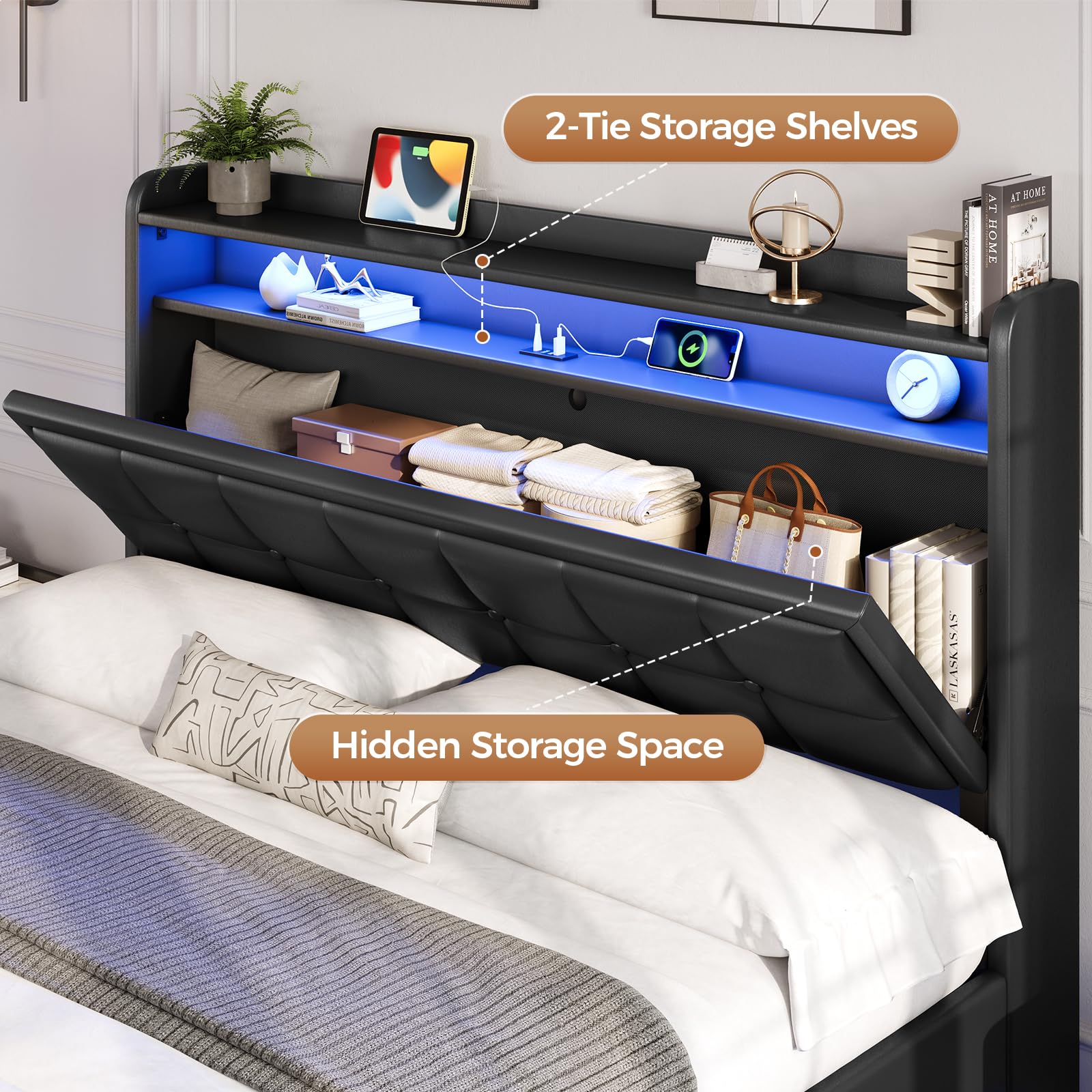 AOGLLATI Floating Bed Frame Twin Size with Storage Headboard,Upholstered Leather Black Led Twin Bed Frame with Charging Station & Led Light and Strong Structure, No Box Spring Needed, Black