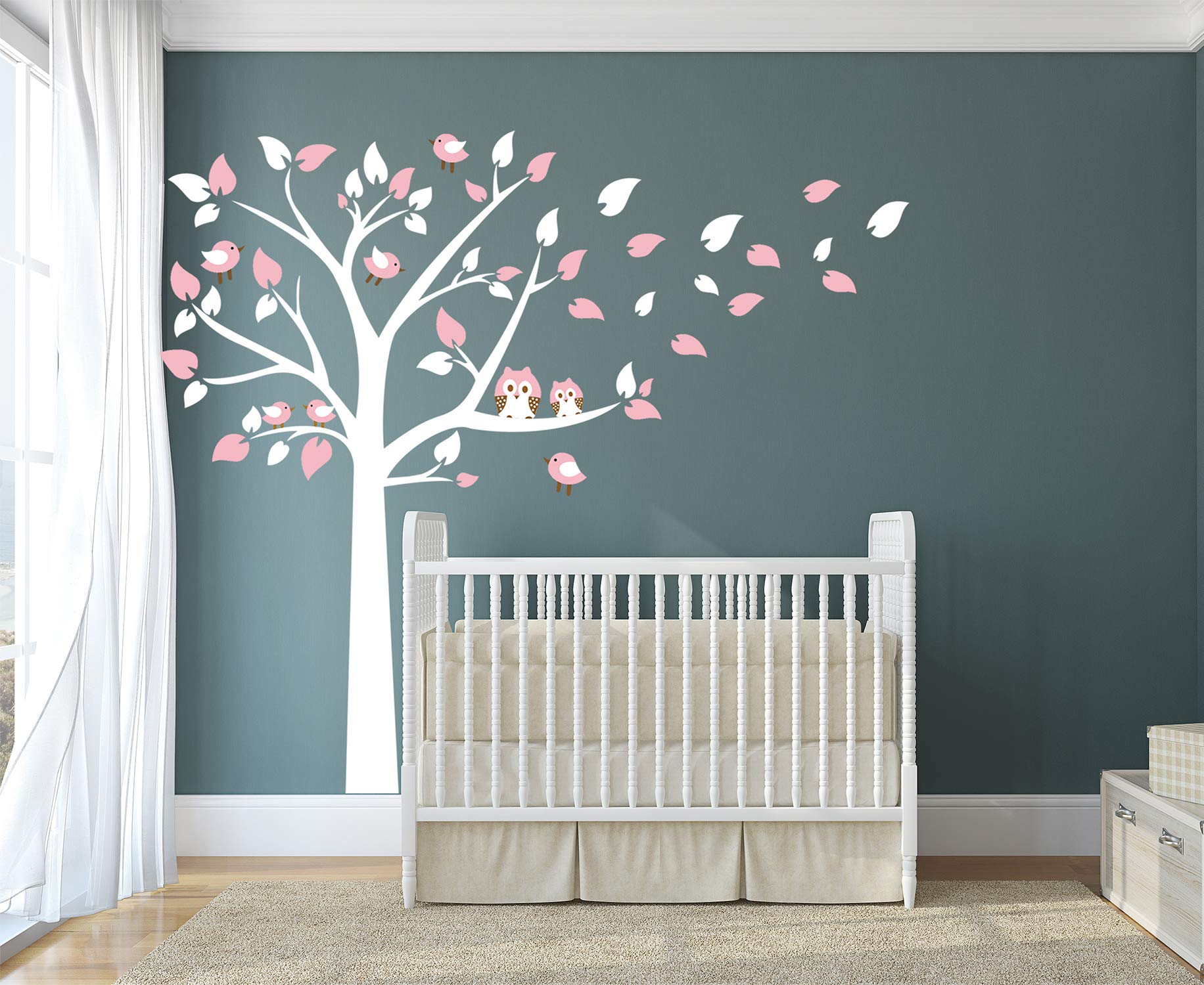 LUCKKYY Cute Owls with Birds Stand on The Tree Wall Decals Tree Wall Decals Tree Wall Sticker for Kid Baby Nursery Room (87x78") (Pink.)