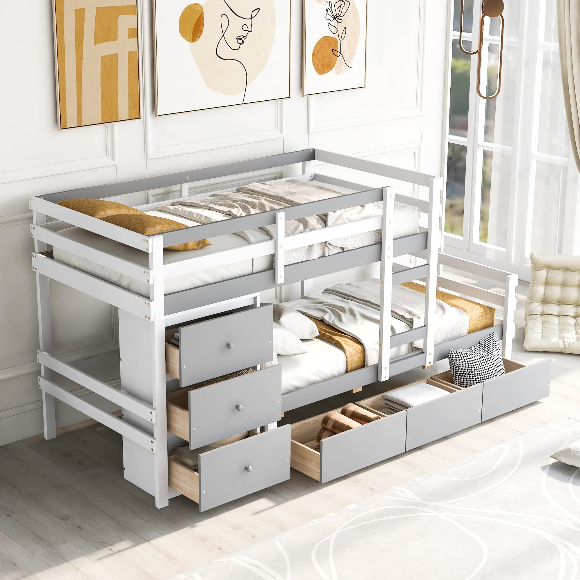 Harper & Bright Designs Low Bunk Bed with Storage Drawers and Ladder, Solid Wood Twin Over Twin Bunk Bed Frame for Kids Teens Girls Boys - Natural