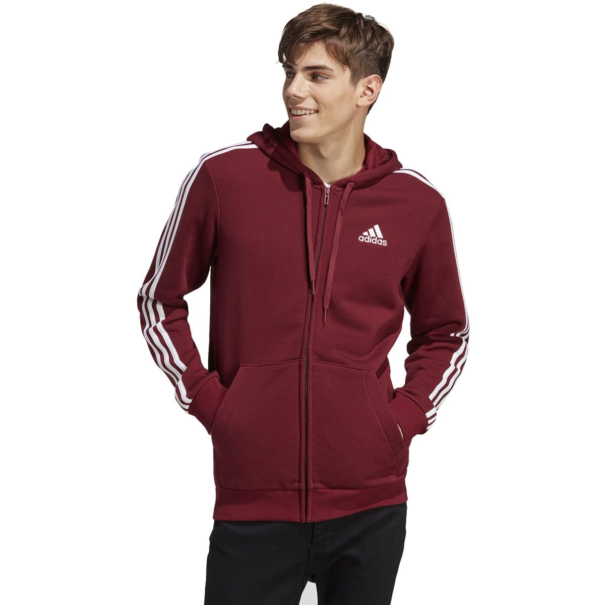 adidas Men's Essentials Fleece 3-Stripes Full-Zip Hoodie, Shadow Red, XX-Large