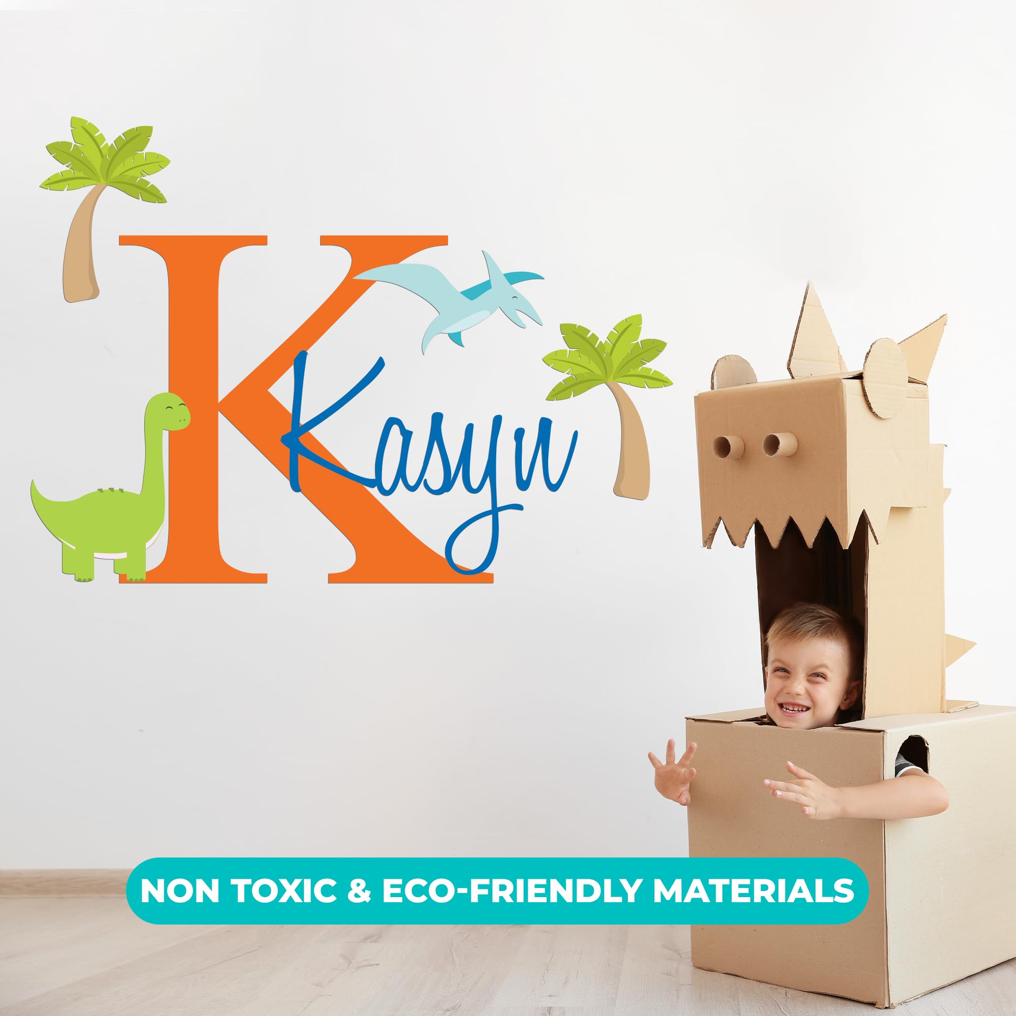 Custom Name & Initial Dinosaur Wall Decals I Personalized Dinosaur Bedroom Decor for Boys or Girls I Dinosaur Birthday Party Supplies I Nursery Wall Decal (Wide 32" x 20" Height)