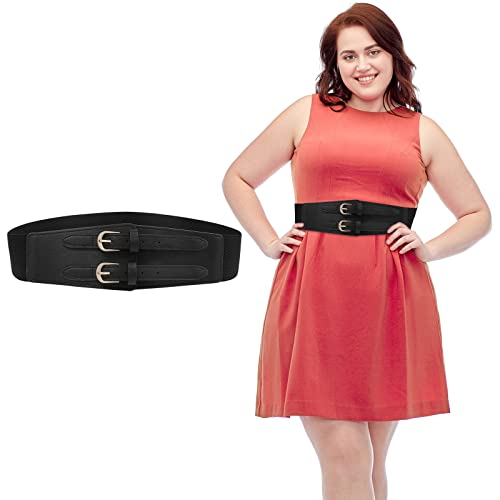 AWAYTR Double Buckle Women's Elastic Belt - Ladies Stretchy Wide Belts for Dresses, Leather Waist Belts for Women Jeans(Black 37-49")