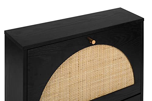 Black Rattan Shoe Storage Cabinet with 2 Flip Drawers for Entryway, Freestanding Shoe Rack Modern Slim Entryway Shoe Organizer with Half Round Woven Rattan Doors for Hallway