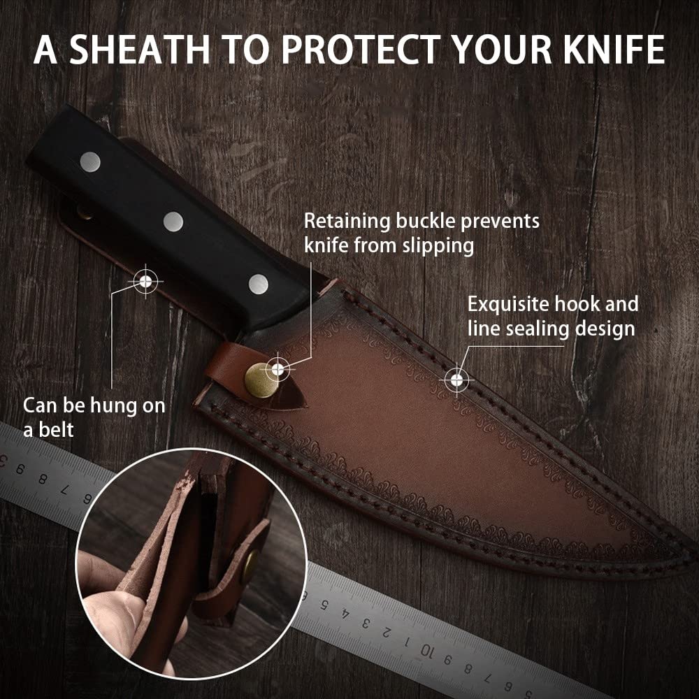 MiOYOOW Leather Knife Sheath, 8" Knife Head Sheath Kitchen Knife Protective Scabbard with Belt Loop for Outdoor Camping BBQ Hunting