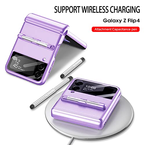 COCOING Case For for Samsung Galaxy Z Flip 4 2022 with Stylus Fashion Business Phone case,with Hinge Protection Device and Camera Screen Protector (Purple)