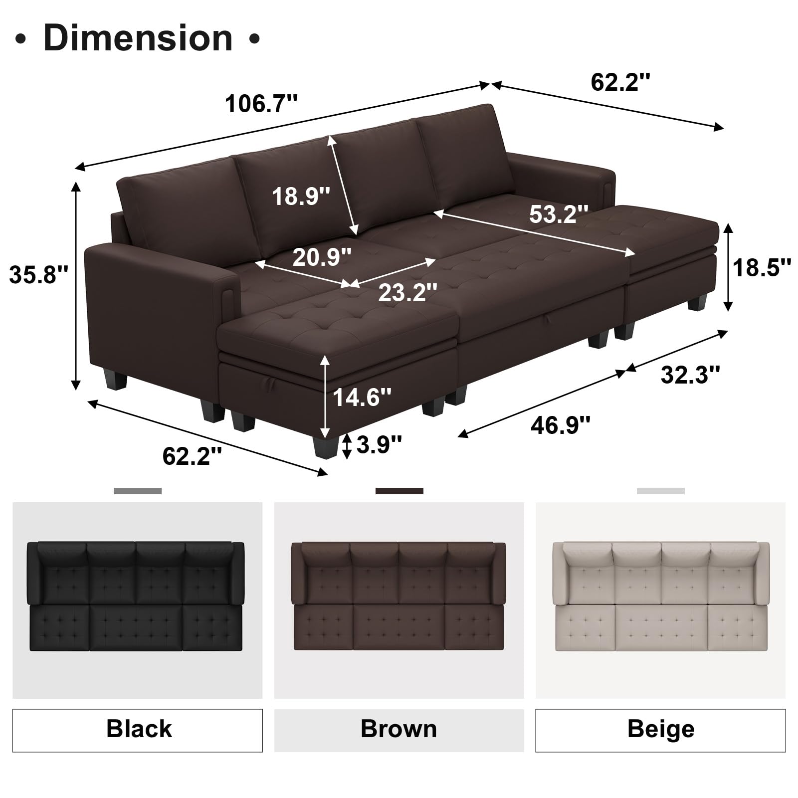 Belffin Faux Leather Convertible 4-Seat Sectional Sleeper Sofa with Reversible Chaise Leather Sleeper Sectional Couch Bed with Storage Ottoman Sectional Sofa Couch Set Brown