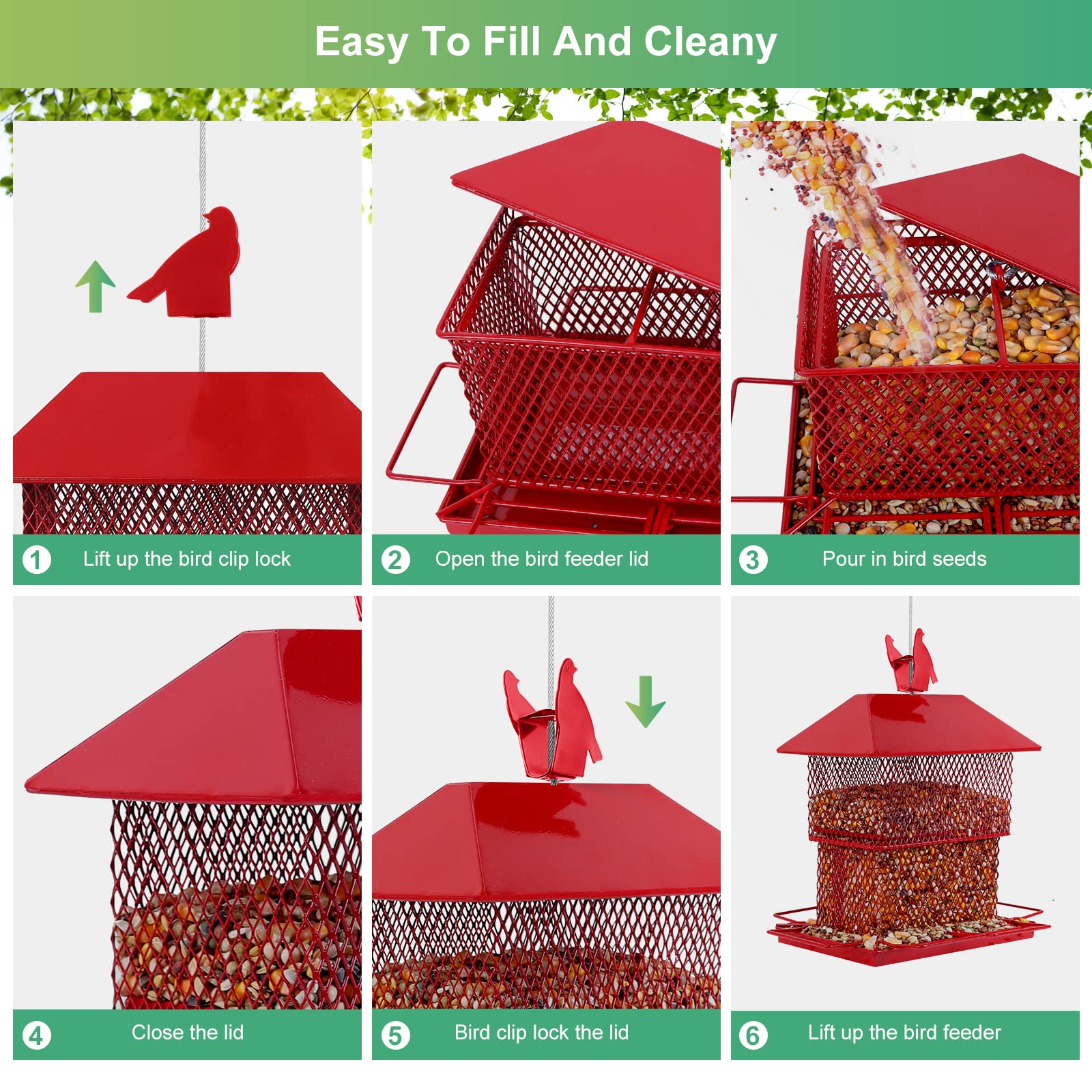 Bird Feeder for Outside Hanging Squirrel Proof Bird Feeders Metal Wild Bird Feeder Retractable Outdoor Feeder with 6 Perches for Cardinal, Finch, Chickadee, Bluebirds etc(Red)
