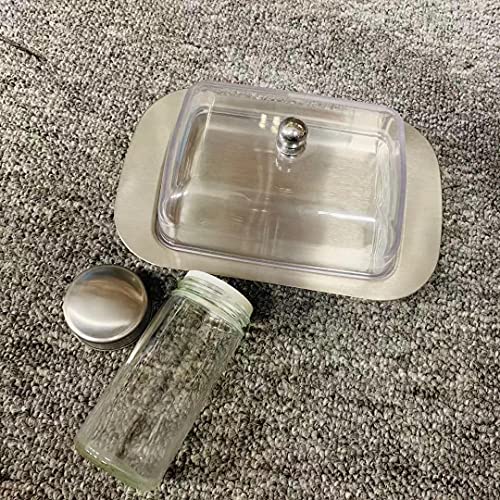 ALL GREEN Butter Dish with Lid and Knife Stainless Steel Metal Saucer with Unbreakable Clear Plastic Lid Covered Butter Dish Deluxe Butter Keeper Container & Spreading Knife(Clear+Salt+Pepper)