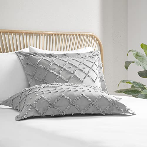 Codi Twyla Tufted Boho Duvet Cover Full/Queen Size, Grey Microfiber Bedding Set for All Seasons, Embroidery Shabby Chic Comforter Covers with Zipper, 3-Pieces Including Matching Pillow Shams(90"x 90")