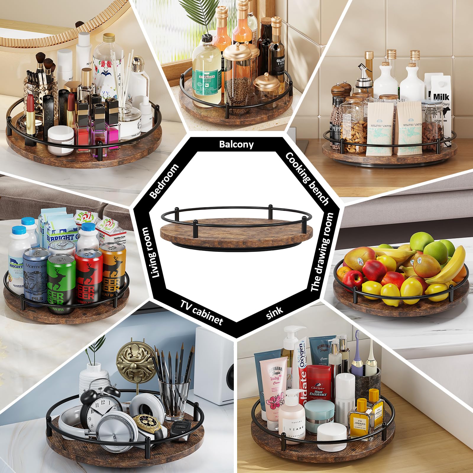 KOKSTOP Lazy Susan Organizer:9 Inch Rotating Spice Rack for Kitchen Countertop Round Wooden Turntable Holder for Cabinet, Dining Table, Cupboard Storage – Black