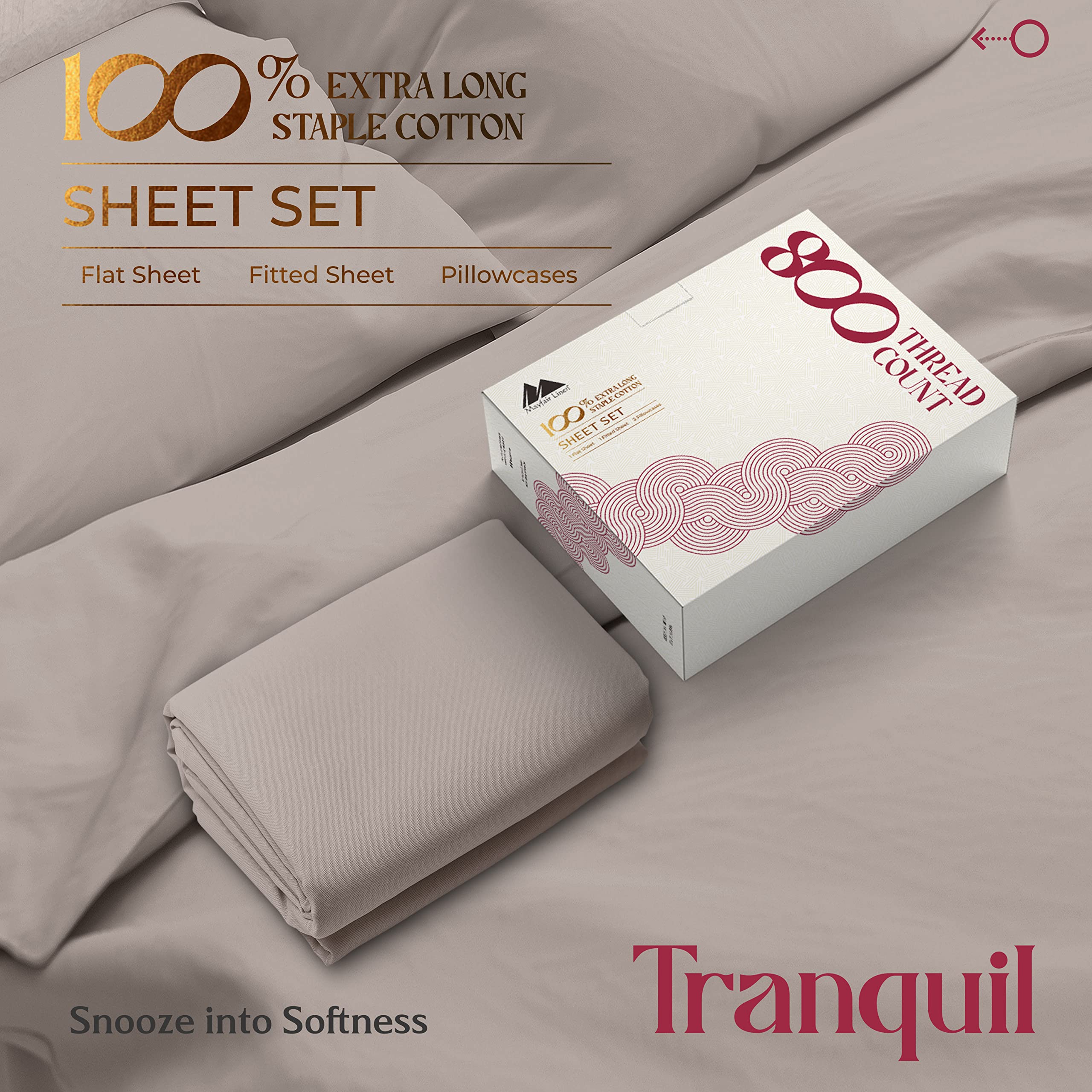 800-Thread-Count Cotton Sheets - Egyptian Quality Long Staple Cotton, Sateen Weave Taupe Color Queen Sheets for Queen Size Bed, Fits Mattress Upto 16'' Deep Pocket (Packaging May Vary)