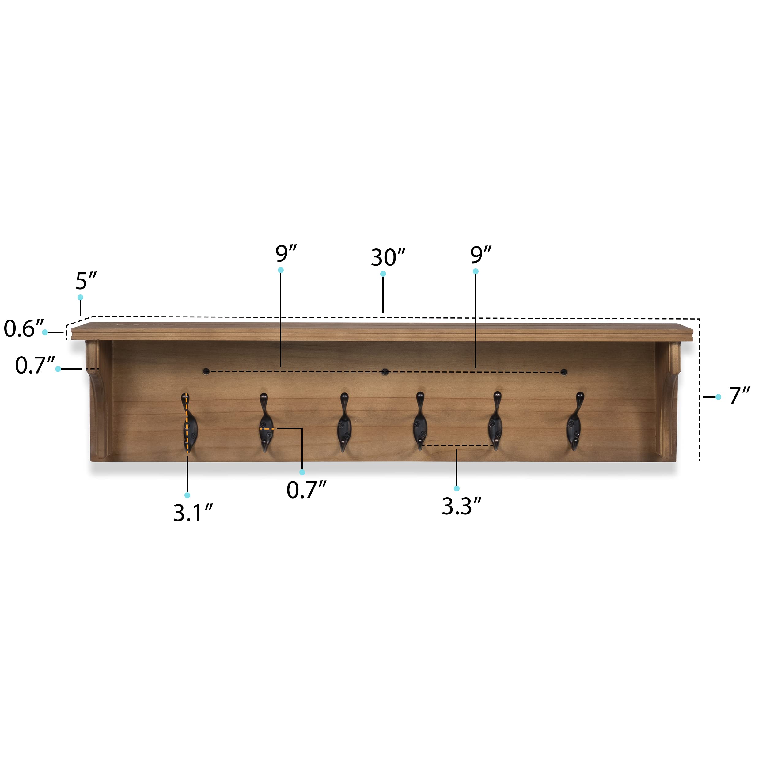 brightmaison Mante Entryway Organizer with Key Holder and Coat Rack, 6 Hooks For Hanging Face Masks, 30" Wood Walnut