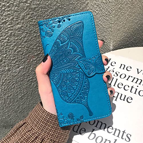 Designed for iPhone 13 Case Wallet for Women,Flip Folio Cover with Butterfly Embossed PU Leather Kickstand Credit Card Holder Slots Magnetic Wrist Strap Protective Phone Case for iPhone 13 (Blue)