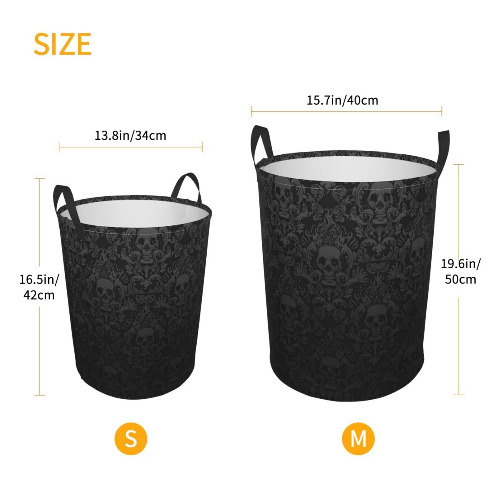 Waterproof Goth Gothic Black Skull Damask Circular Hamper Round Laundry Baskets Foldable Laundry Bags For Family/Kids/Bathroom/Bedroom/Dorm Medium