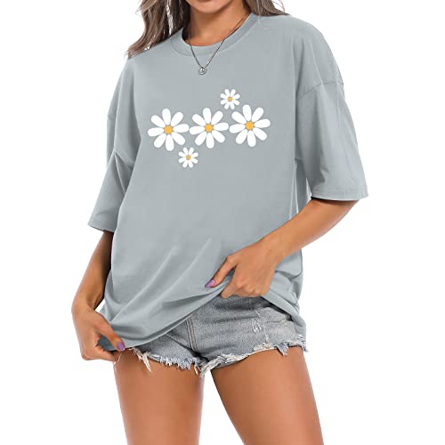 Faktuzi Daisy Shirts for Women Oversized T Shirts Flower Graphic Tees Vintage Floral Print Crewneck Cotton Short Sleeve Tops (Blue Gray,2XL,XX-Large)