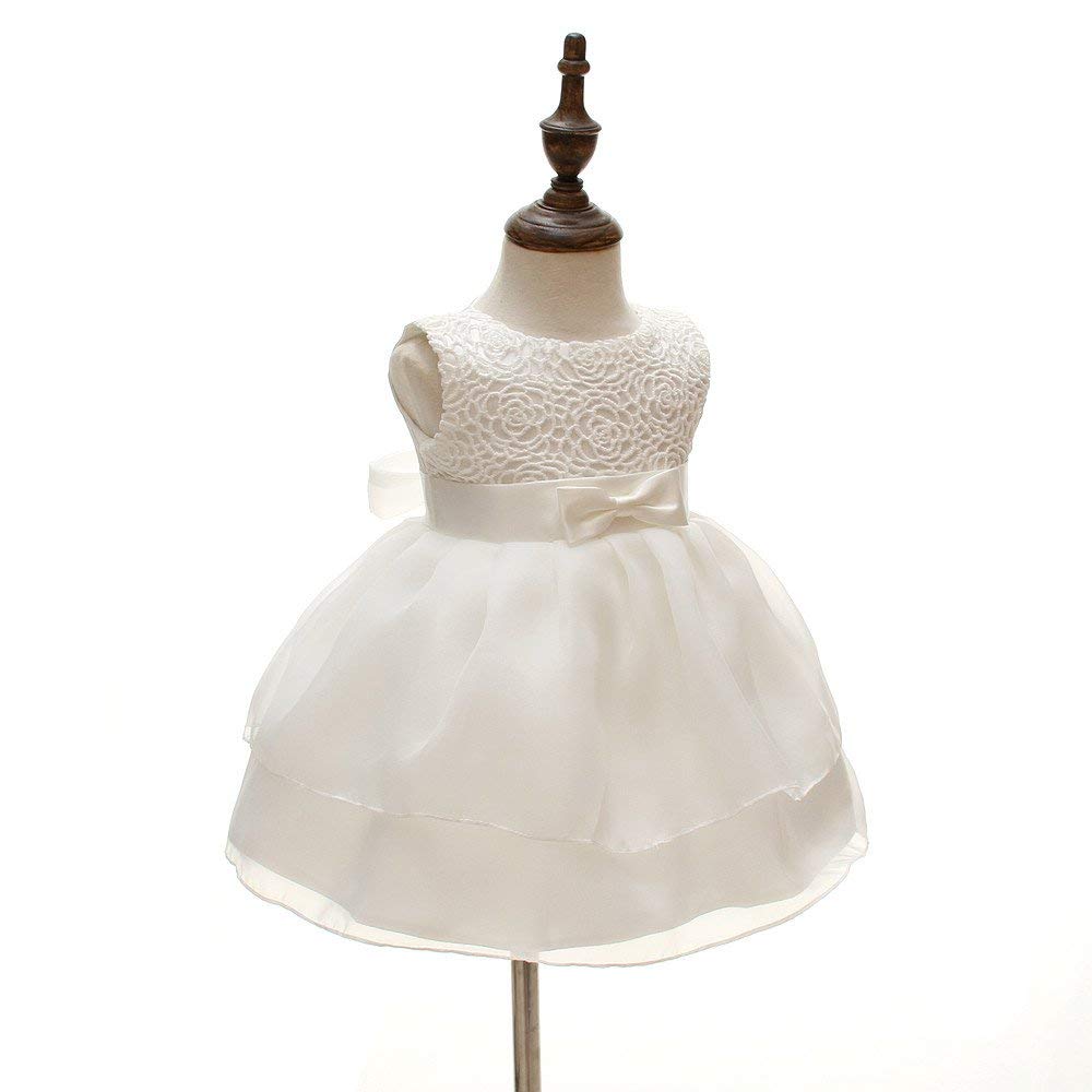 Meiqiduo Baby Girls Dresses Christening Wedding Pageant Bow Formal Dress Ivory White (6M/6-12months)