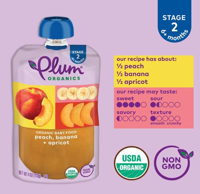 Plum Organics Stage 2, Organic Baby Food, Peach, Banana and Apricot, 4.0 Oz, New Look, Packaging May Vary.