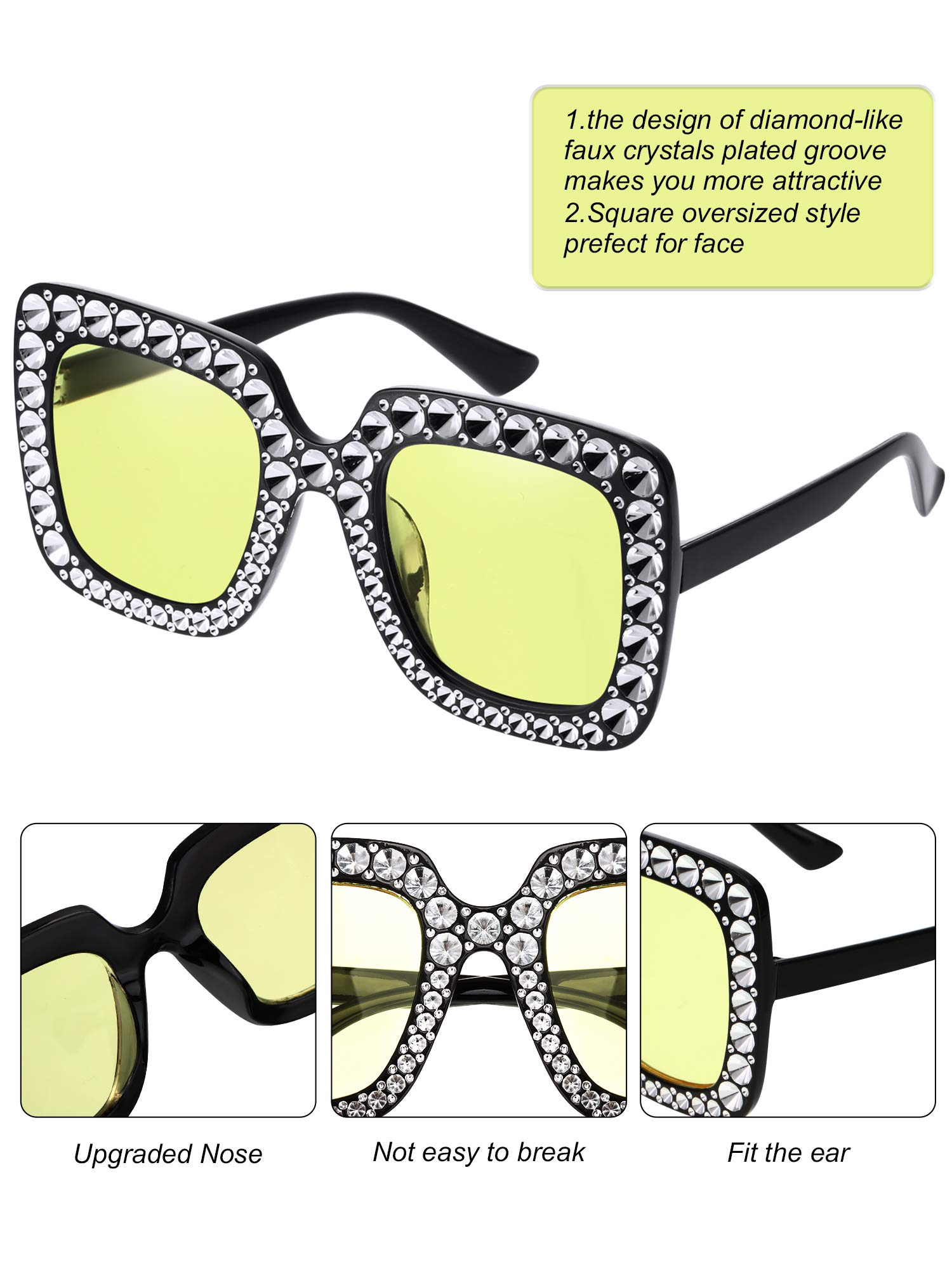 Frienda 6 Pairs Crystal Oversized Square Sunglasses Diamond Glitter Sunglasses Retro Thick Frame Sunglasses(Black, Tawny, Purple, Watermelon Red, Yellow, Silver)