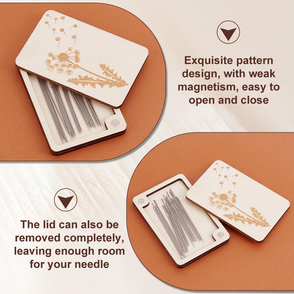 AHANDMAKER 2 pcs Wooden Needle Box Sewing Needle Storage Box Sewing Pins Organizer with Dandelion Print For Quilters, Sewers, Tailors, Antique White,3.15"x1.97"x0.14"
