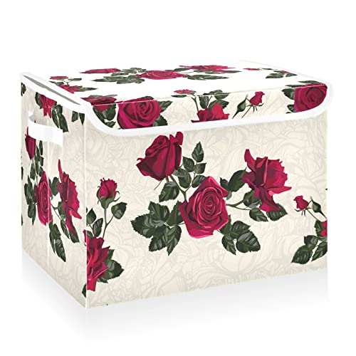 CaTaKu Red Rose Vintage Storage Bins with Lids and Handles, Fabric Large Storage Container Cube Basket with Lid Decorative Storage Boxes for Organizing Clothes