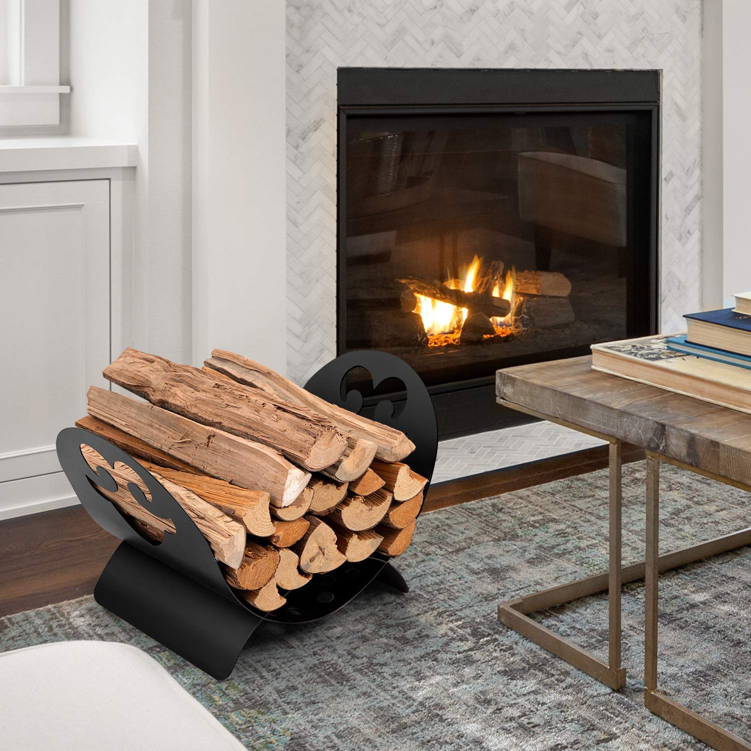 Amagabeli 5 Pieces Scroll Fireplace Tools Bundle Firewood Rack Indoor Carrier Metal