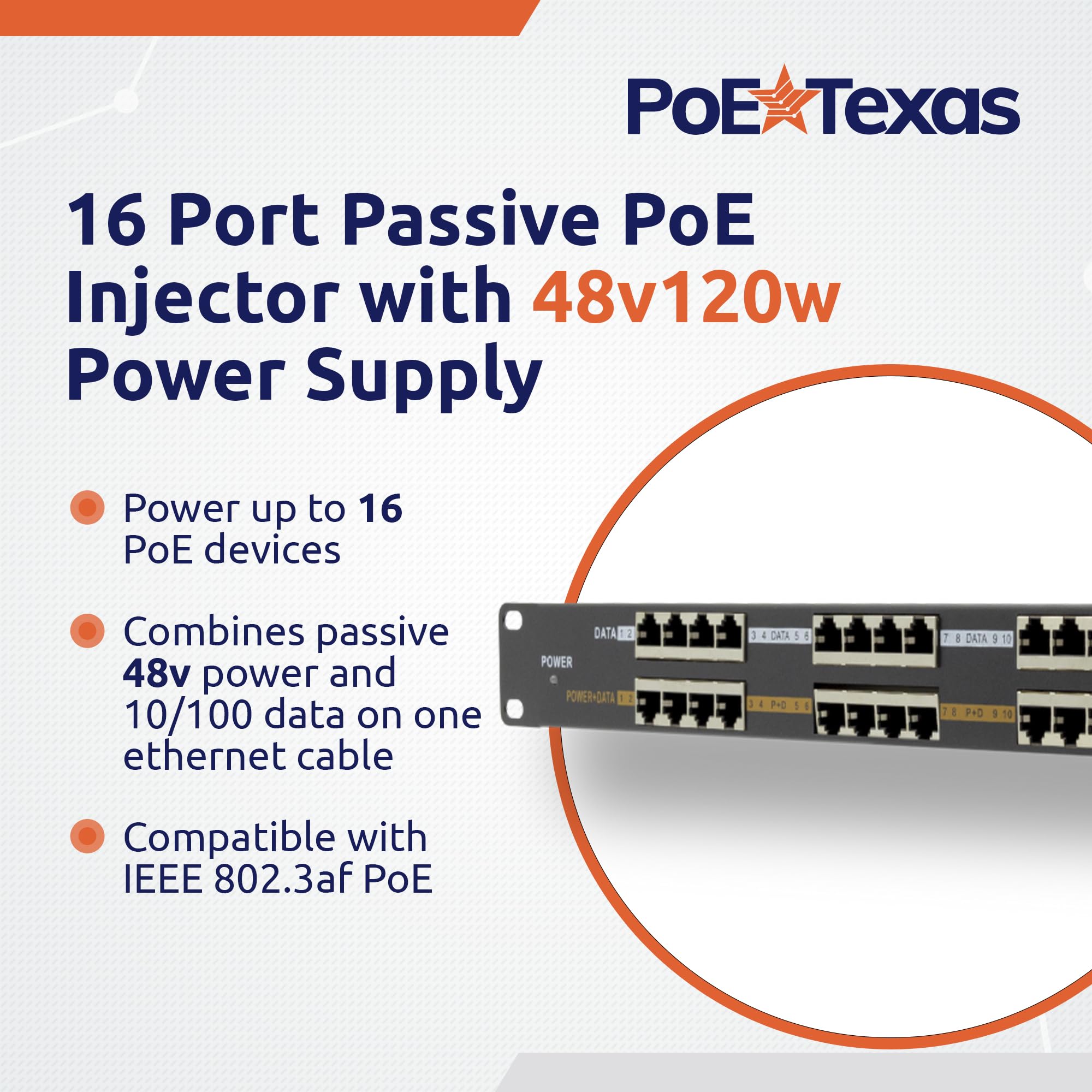 PoE Texas POE-16-48v120w | 16 Port Passive PoE Injector - Power Over Ethernet for 802.3af Cameras, IP Phones, Access Points and More with 10/100 Data