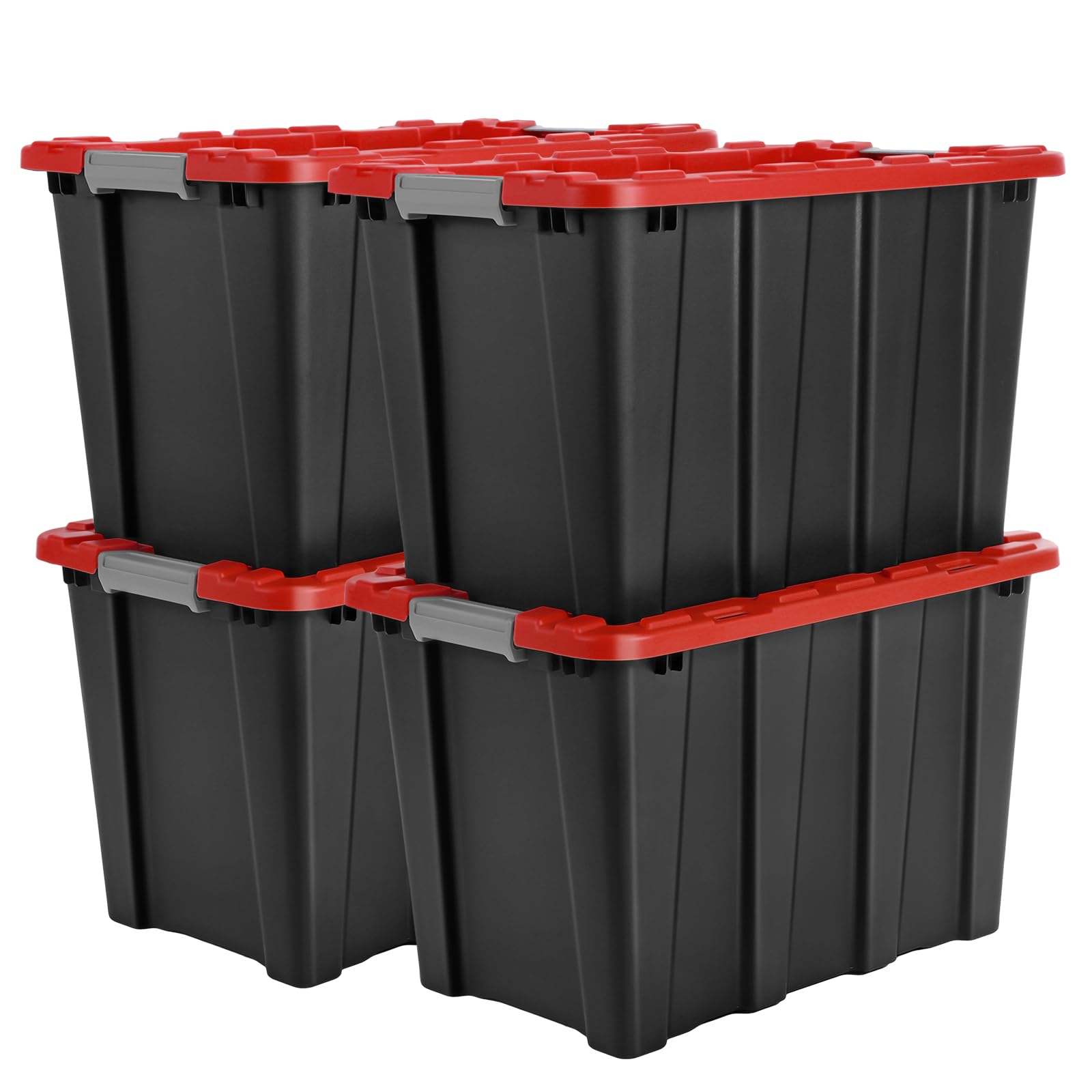 BROVIEW V12 16Gal Heavy Duty Plastic Storage Bins with Latching Lids, Stackable Tough Tote Storage Box Containers with Lock Hole & Handle for Garage Workshop Metal Rack (Black Base/Red Lid, 4Pack)