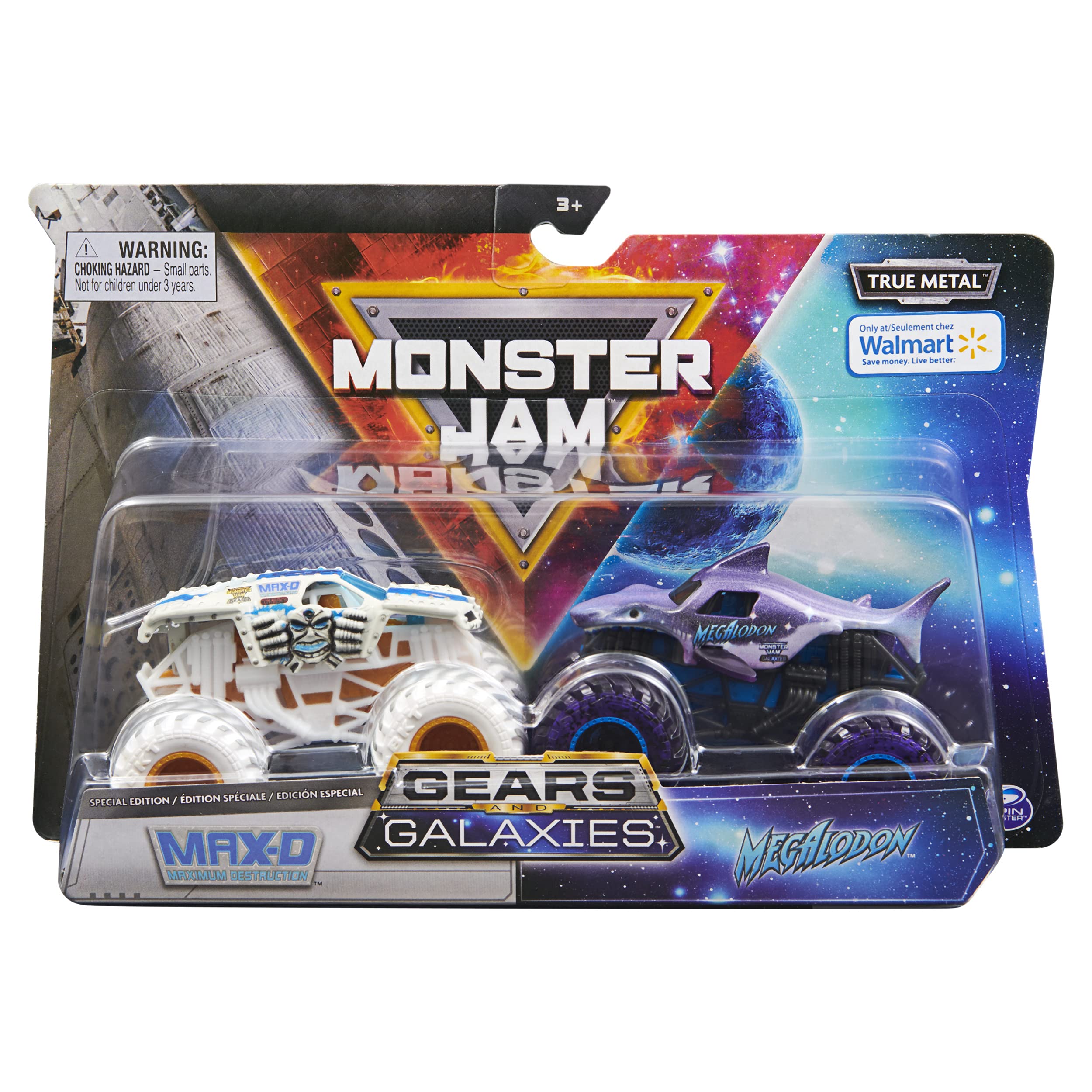 DieCast MonsterJam 2 Pack Max D vs Megalodon, Gears and Galaxies