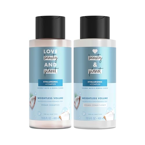 Love Beauty And Planet Coconut Water & Mimosa Flower Volume and Bounty Thickening Shampoo and Conditioner for Fine Hair, Paraben Free, Silicone Free, and Vegan, 2 count - 13.5 oz each