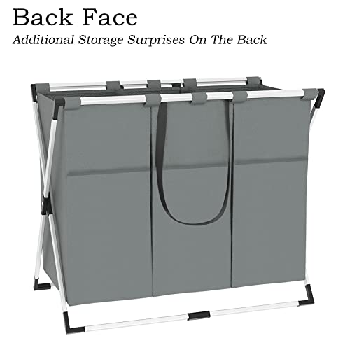 C&AHOME Laundry Basket 3 Sections, 135L Foldable Laundry Hamper Basket Sorter with Waterproof Oxford Bag and Aluminum Frame, Laundry Sorter Storage Dirty Clothes Bag for Bathroom Bedroom, Grey AFLH03G