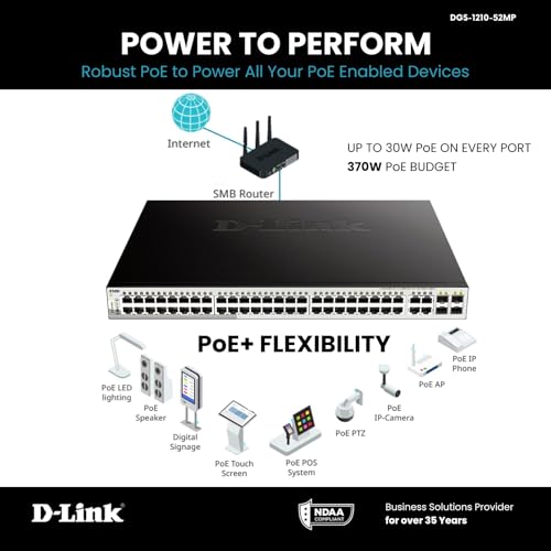 D-Link 52-Port Gigabit Smart Managed PoE+ Switch | 48 PoE+ Ports (370W) + 4 Combo SFP Ports| L2+ |VLANs |Web Managed |Surveillance Mode | Rackmount | NDAA Compliant | Lifetime Warranty (DGS-1210-52MP)