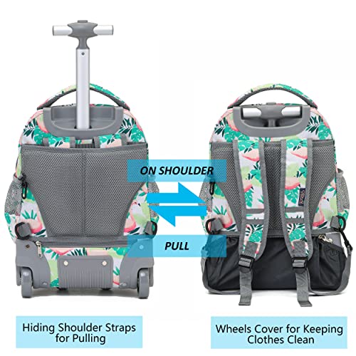 NEW TILAMI Rolling Backpack for Kids, 16 Inch Wheeled Laptop Backpack for Boys Girls School Travel Trip Bag, Flamingo