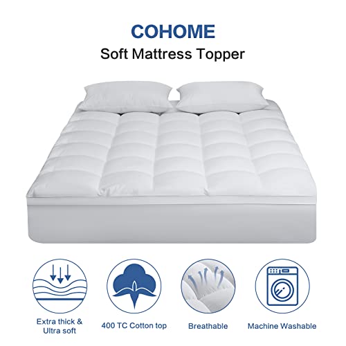 COHOME Queen Size Mattress Topper Extra Thick Cooling Mattress Pad 400TC Cotton Top Plush Down Alternative Fill Pillow Top Mattress Cover with 8-21 Inch Deep Pocket (60x80 Inches, White-Classic)