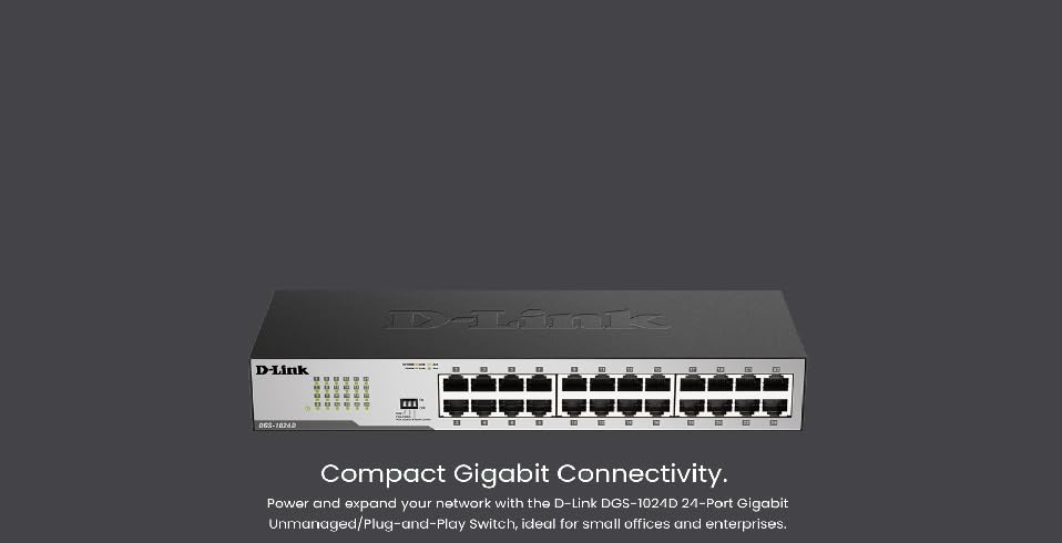 D-Link DGS-1024D, Ethernet Switch, 24 Port Gigabit Unmanaged Fanless Network Hub Desktop or Rack Mountable, Black