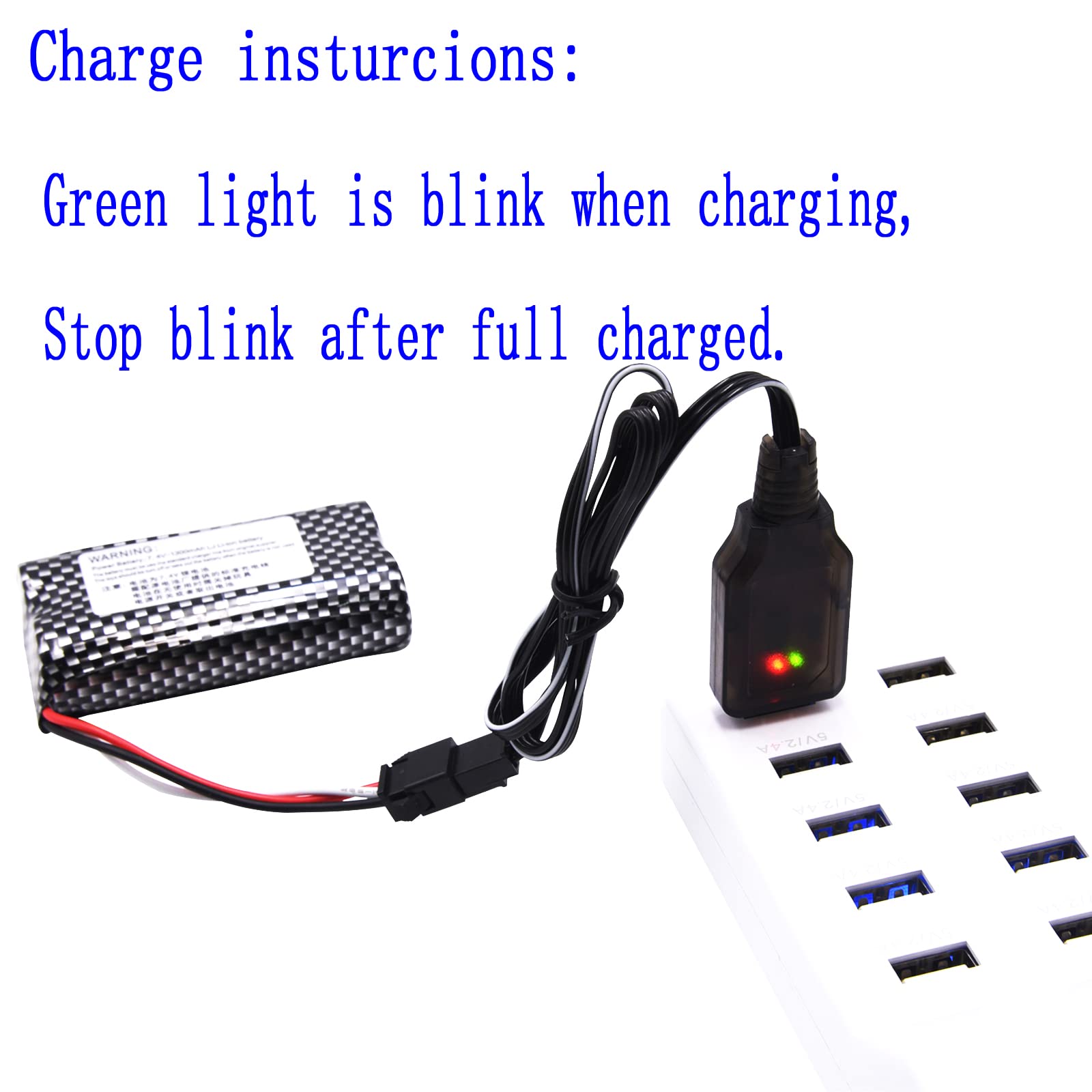 Blomiky 2 Pack 7.4V 1300mAh Li-ion Rechargeable Battery with SM3P Plug and Charger Cable Replacment for Huina 1575 RC Construction Truck / 1575 Battery 2