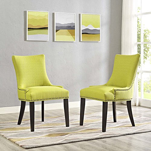 Modway Marquis Modern Elegant Upholstered Fabric Parsons Dining Side Chair with Nailhead Trim and Wood Legs, Set of 2, Wheatgrass