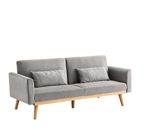 AWQM Velvet Futon Sofa Bed, Memory Foam Couch Set, Upholstered Modern Daybed Convertible Folding Loveseat Recliner with Pillows and Wooden Frame for Compact Living Room, Apartment, Dorm, Office (Grey)