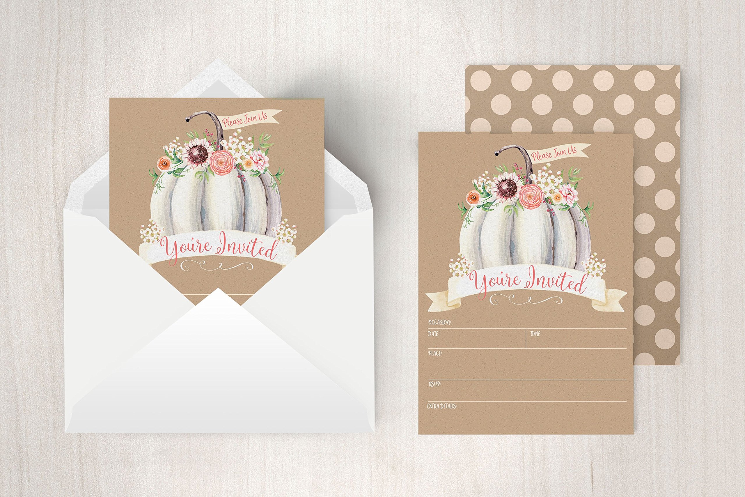 Pumpkin Fall Baby Shower Invitations, A6 Envelopes Included, 20 Count Pack, Premium Heavy-weight Card Stock, Two Sided, Autumn Floral Design, Pink and Gold Color