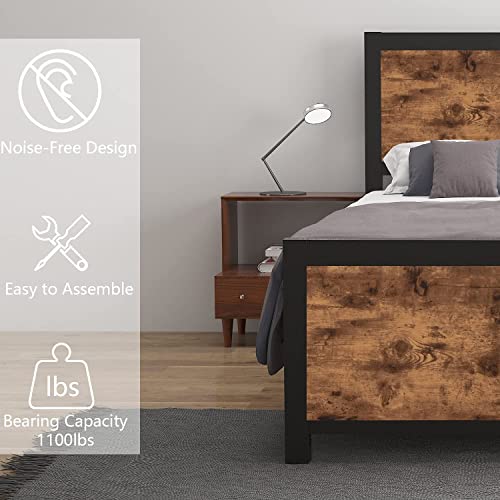 Catrimown Twin Size Metal Bed Frame with Rustic Brown Wooden Headboard,Mattress Foundation,Large Under Bed Storage,Metal Slat Support,No Box Spring Needed,Easy Assembly