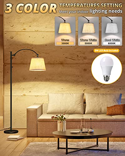 Floor Lamp for Living Room,Modern Lamp with Rotary Switch, Adjustable Tall Standing Reading Lamp with Hanging Linen Shade for Bedroom, Office, Black(3 Color Temperatures Bulb Included )
