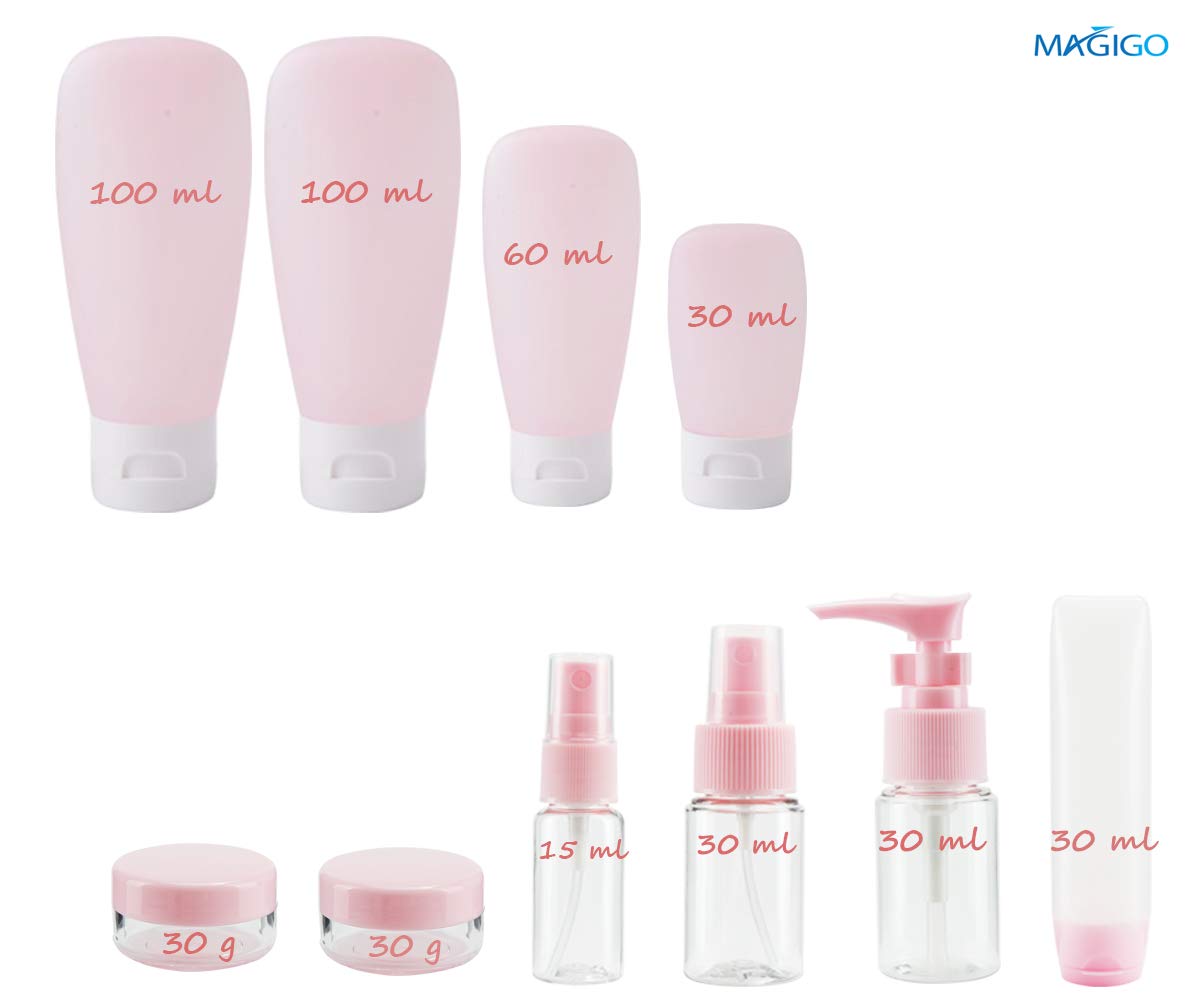 MAGIGO Pink Toiletries Leak Proof Travel Bottle Set (16 Pack), TSA Approved Airline Carry-On with Clear Bags for Women