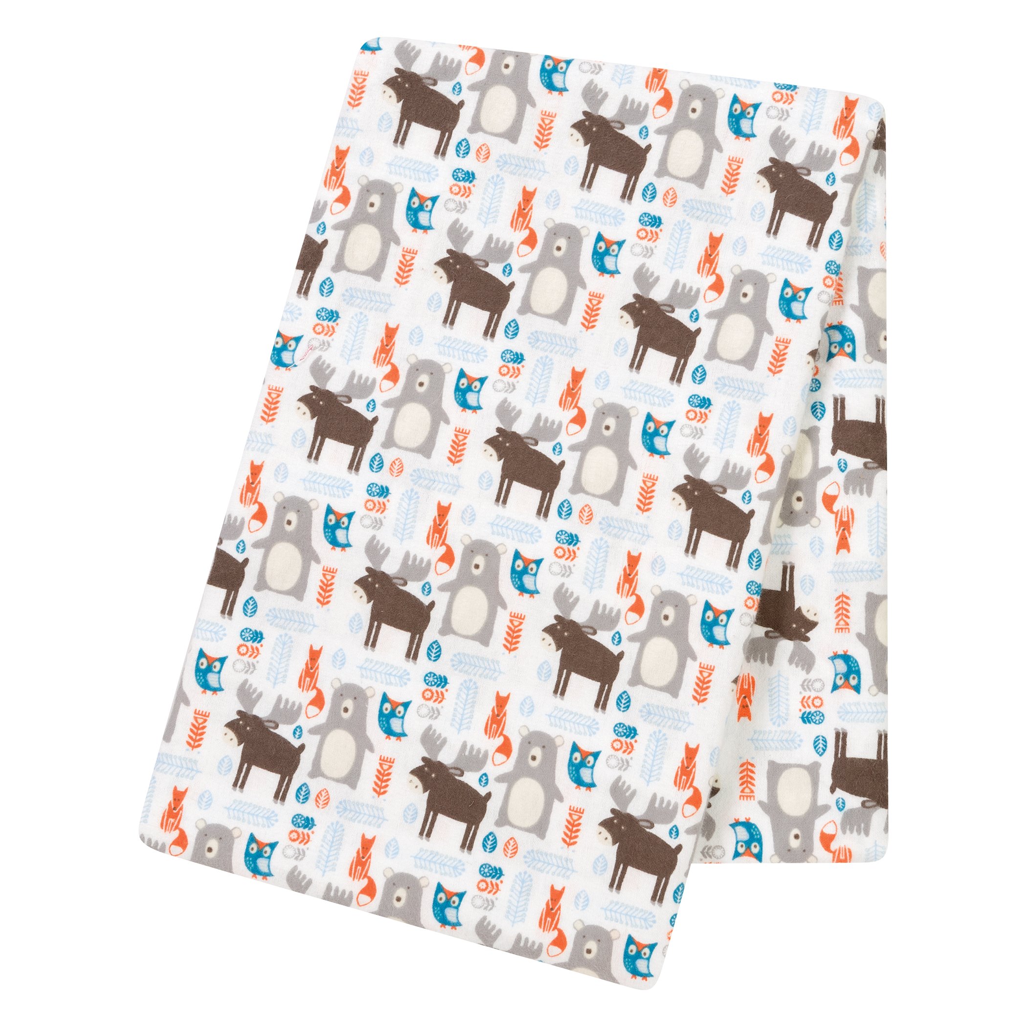 Scandi Forest Jumbo Deluxe Flannel Swaddle Blanket - Forest Animals Scatter Print Cotton Flannel, Gray, Brown, Blue, Orange and White, 48 in x 48 in