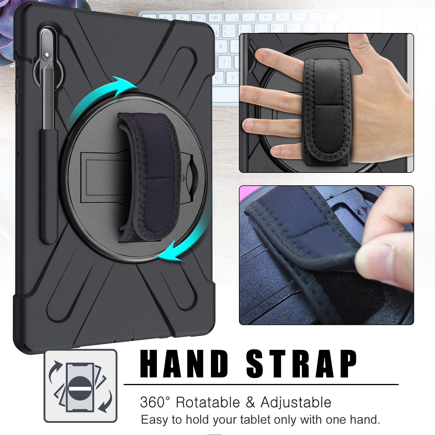 ProCase Galaxy Tab S8 Plus 2022 / S7 Plus 12.4” 2020 Case with S Pen Holder (Model SM-X800/X806/T970/T975), Rugged Heavy Duty Shockproof Case with Hand Strap Rotating Kickstand Protective Cover–Black