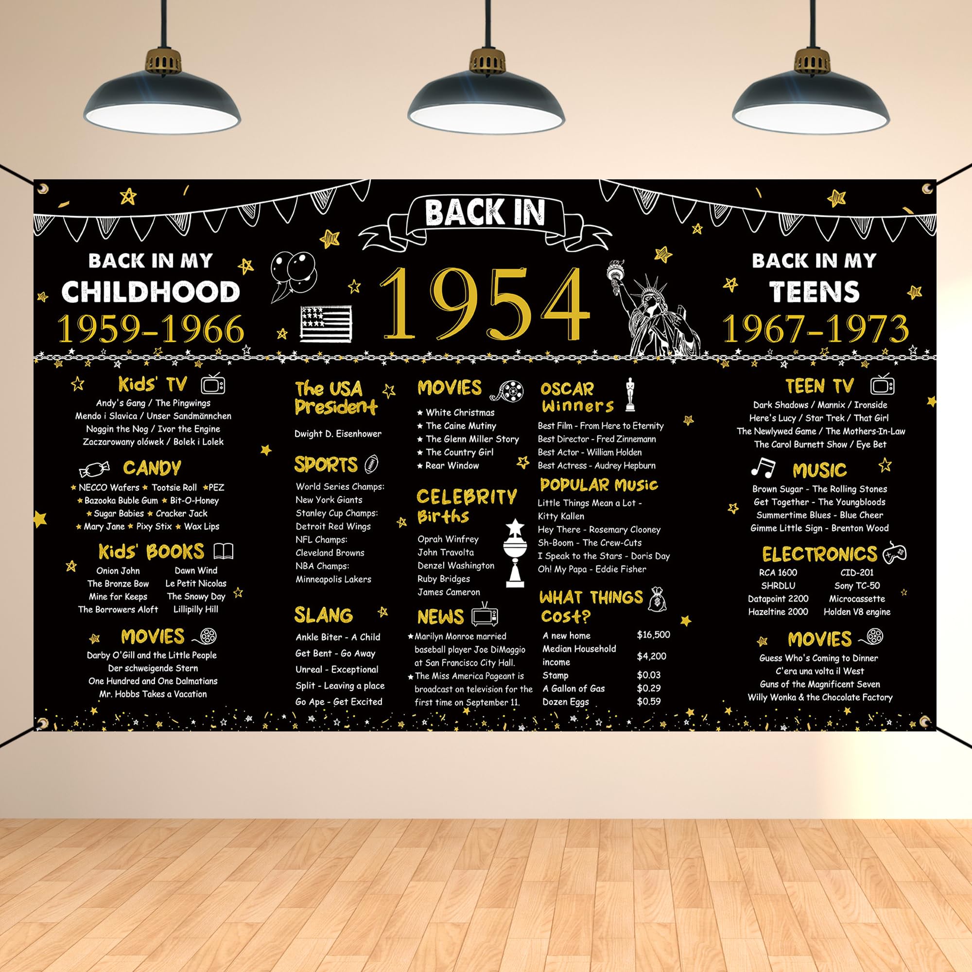 DARUNAXY 70th Birthday Black Gold Party Decoration, Back in 1954 Banner Cheers to 70 Years Old Birthday Party Poster Supplies, 6 * 3.6FT Vintage 1954 Backdrop Photography Background for Men and Women