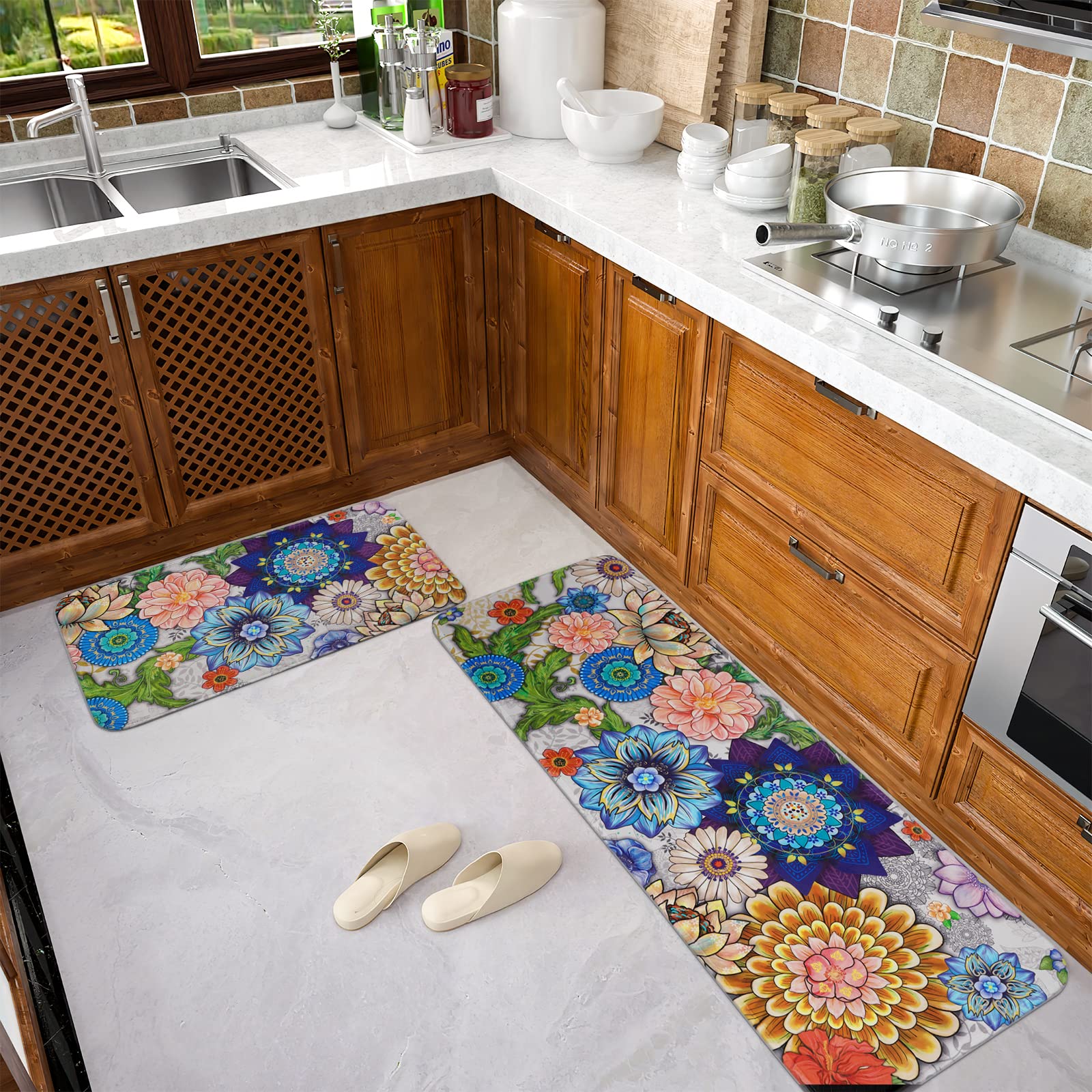 ASPMIZ Boho Kitchen Mat 2 PCS Cushioned Anti-Fatigue Kitchen Rugs Non Slip Memory Foam Kitchen Mats and Rugs Farmhouse Kitchen Comfort Floor Mats for Home & Office, 18'' x 48'' + 18'' x 30'', Bohemian