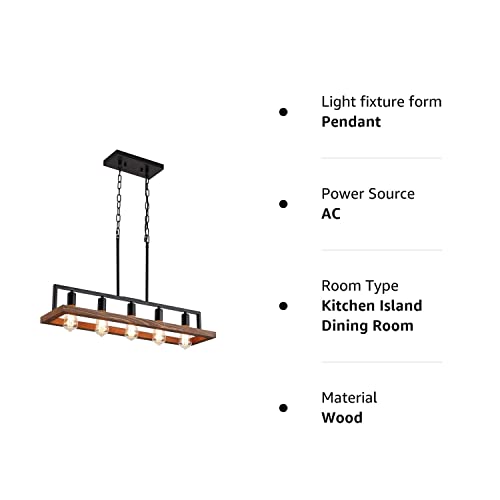 Fivess Lighting 5-Light Rustic Wood Kitchen Island Lighting,Oak Wood and Metal Linear Chandelier,Retro Industrial Pendant Light Fixture for Kitchen Island Dining Room Farmhouse,Black